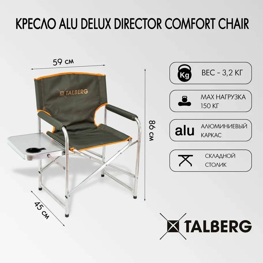 Стул складной туристический со спинкой, кресло для рыбалки Talberg Alu Delux Director Comfort Chair, до 150 кг, 59 х 45 х 86 см