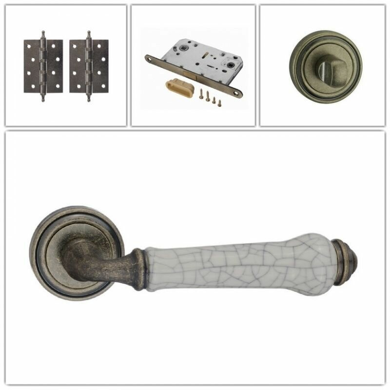 Ручка дверная межкомнатная Renz INDH_617-16_OB/OC_MAGWC_CL, состаренная бронза/керамика (ручка + завертка WC + магнитный замок + 2 петли с короной)