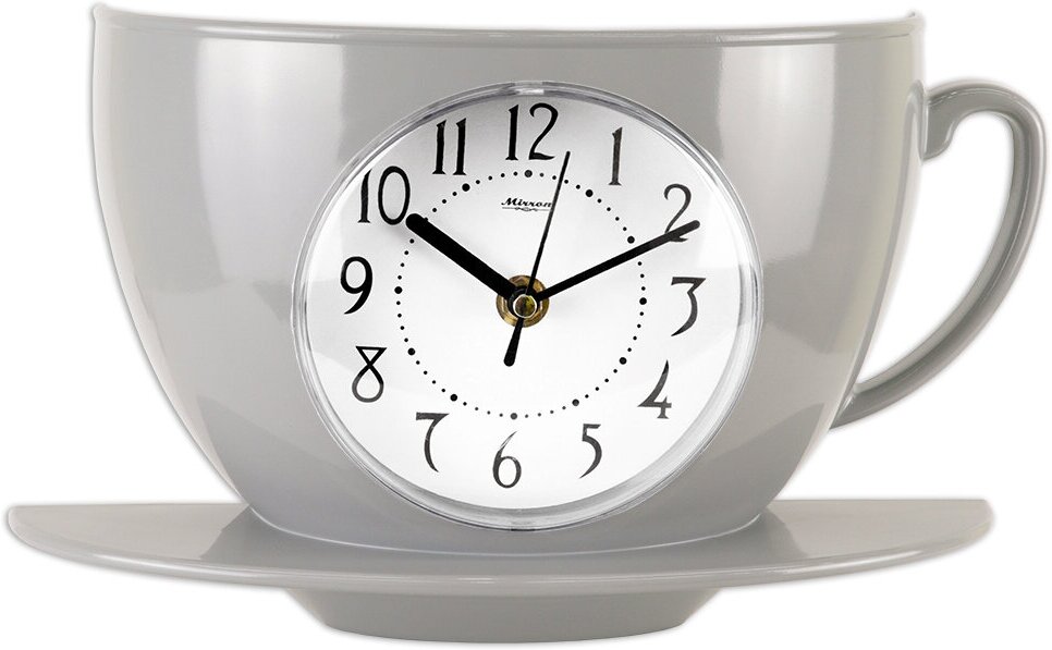 Кухонные настенные часы MIRRON 121-222 С/Серые часы/Часы в форме кружки, чашки/Часы в ресторан, столовую, кафе/Тематические часы/Оригинальные часы на кухню/Циферблат с арабскими цифрами