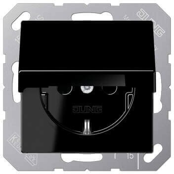 Jung A500 Розетка 1-ая с/з с крышкой безвинт. зажим 16А Черная (германия)