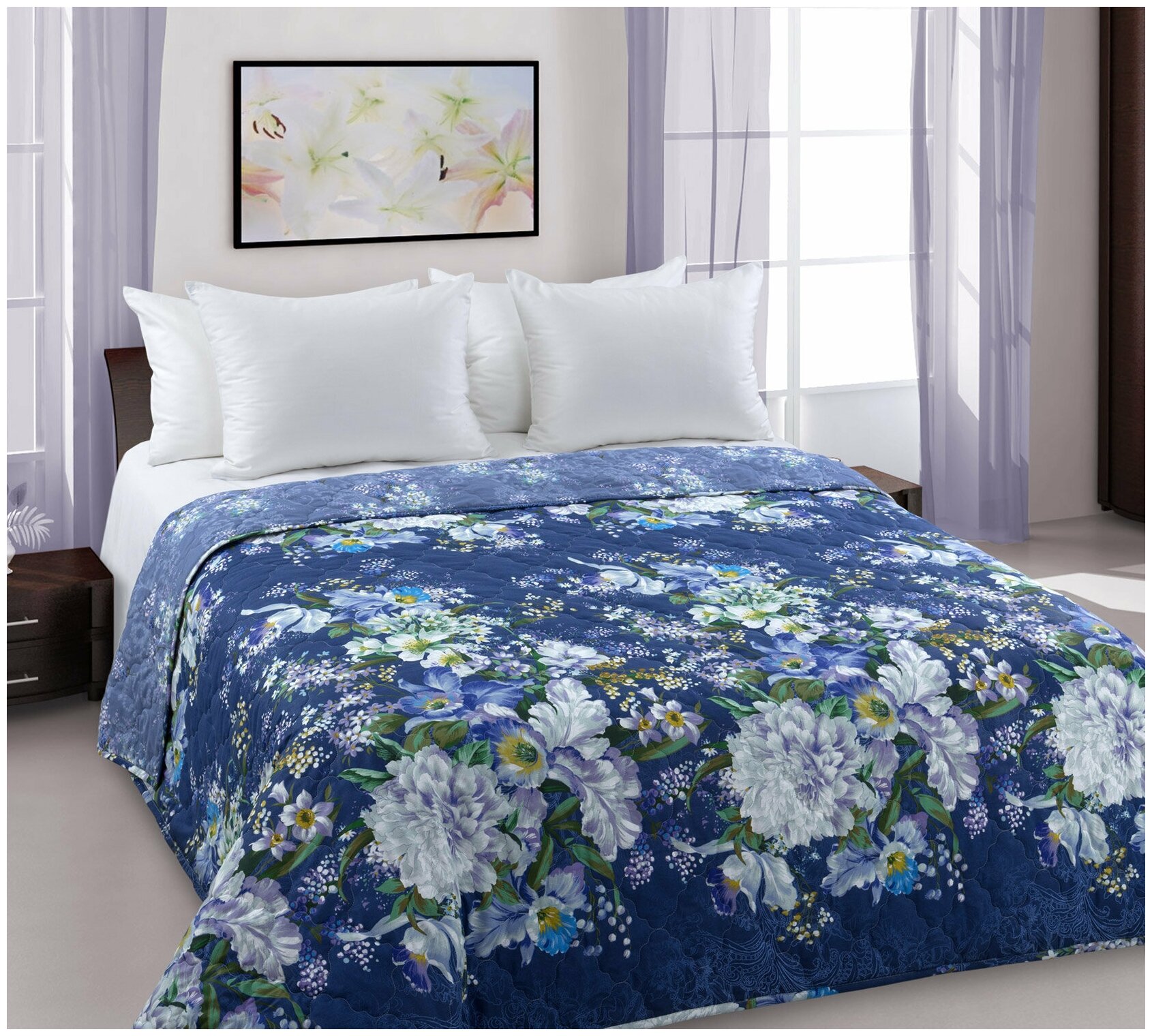 Покрывало "Белый стих 1 Син" Текс-Дизайн из перкали 220х210 стеганое Евростандарт