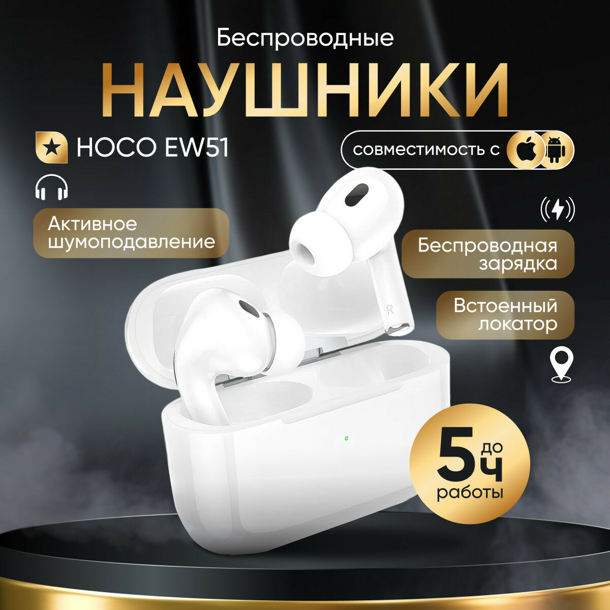 Наушники беспроводные Hoco EW51 (с боксом для зарядки) (Bluetooth) (шумоподавление) белый