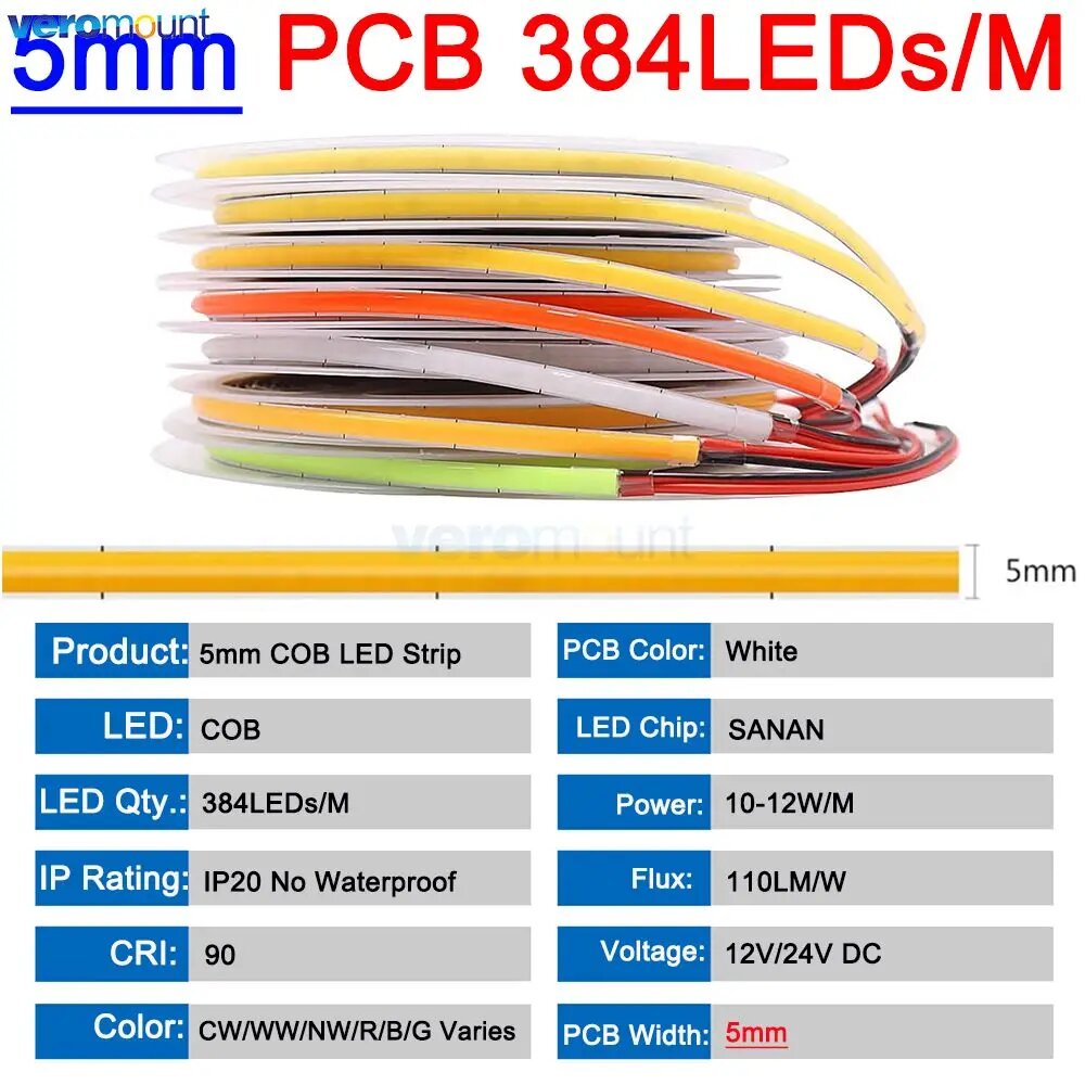Veromount Светодиодная лента COB 5м 12В 24В IP20 384LEDs (5mm Width), Neutral White 4000K, DC 24V
