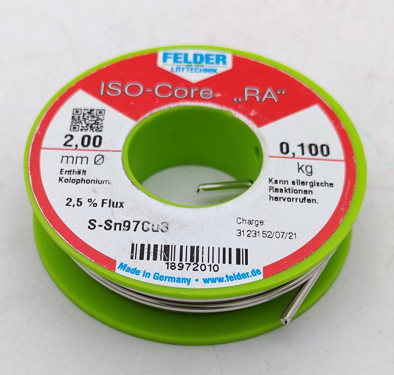 Припой ISO-Core "RA", Sn97Cu3, d2.0 мм, с флюсом 2,5% ROM1, Felder, 0,1 кг