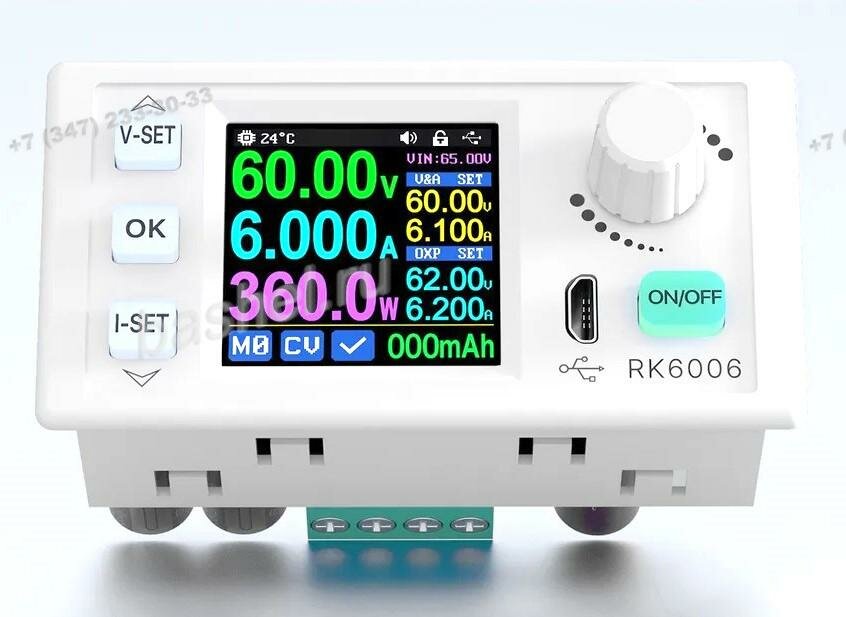 RK6006, Понижающий DC-DC преобразователь, (Uвх=12-68VDC Uвых=0-60VDC, Iвых=0-6A)