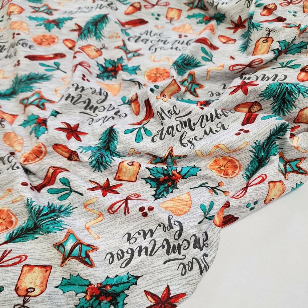Ткань кулирная гладь (кулирка) хлопок, Новый год, серый, 100*180см