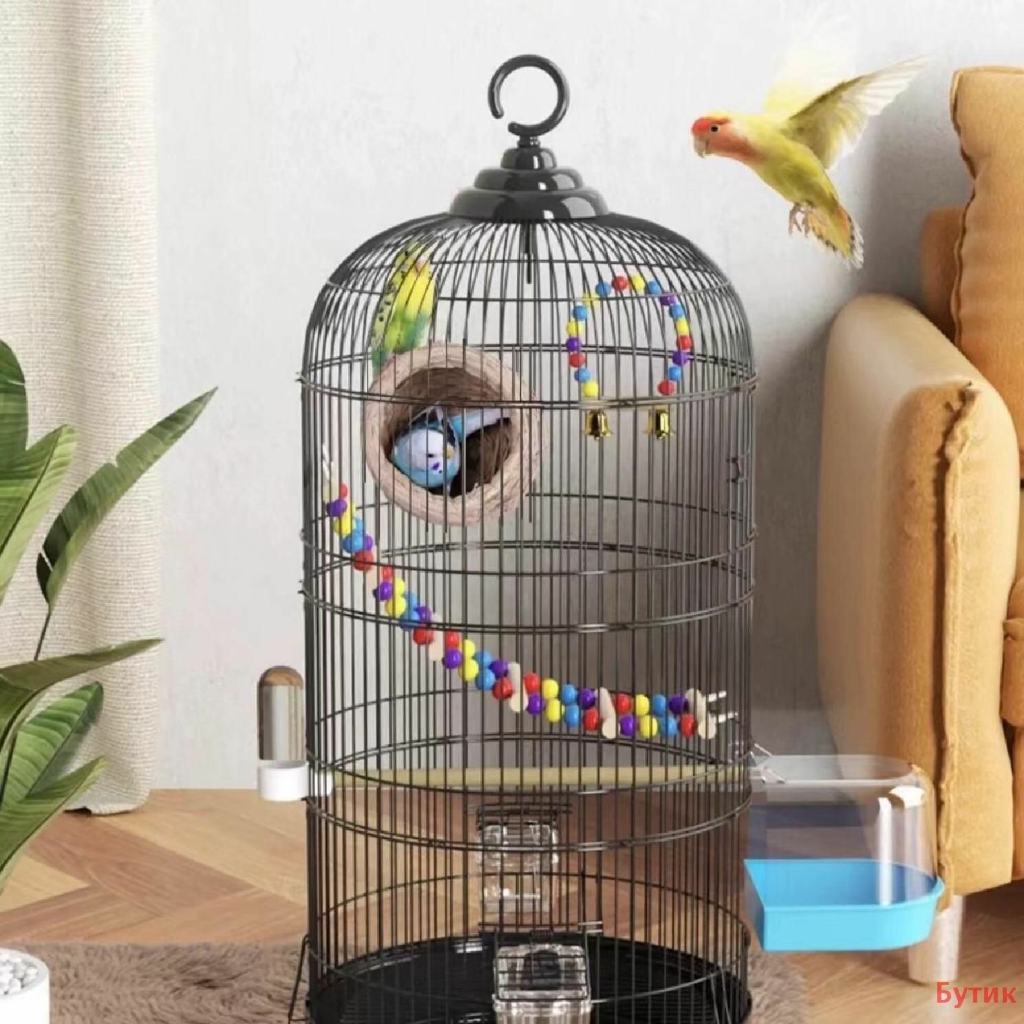 Клетка для птиц круглая, черная, 34*34*65 см, набор из 5 предметов.