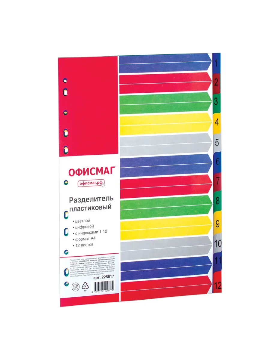 Разделитель пластиковый, А4, 12 листов