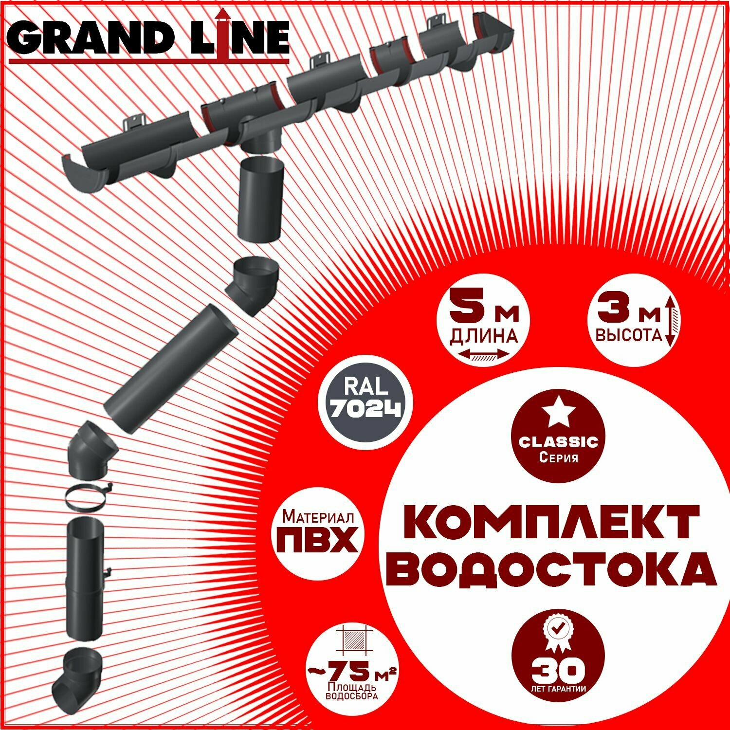 Комплект элементов водостока Grand Line на 5 м карниза по 1 метру (120мм/90мм) графит RAL 7024, водосточная система для крыши пластик Гранд Лайн ( серый ) комплект ПВХ