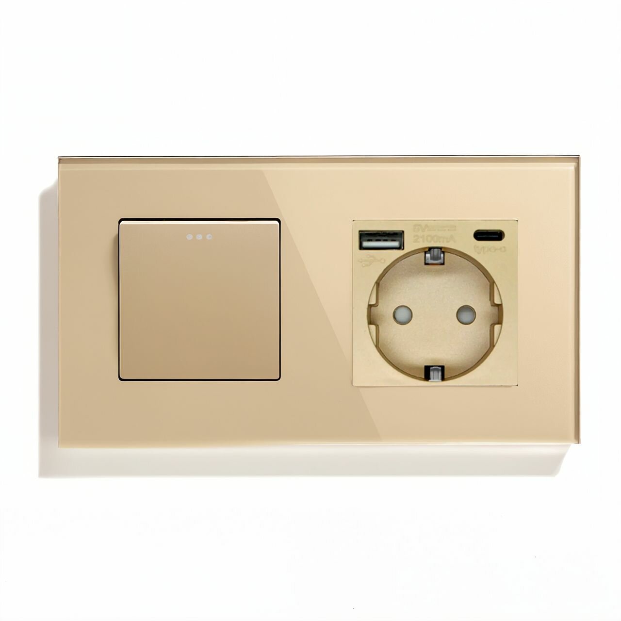 Выключатель с розеткой MVAVA, одноклавишный, USB Type-C, 1 розетка, 2 поста, стекло, золотой