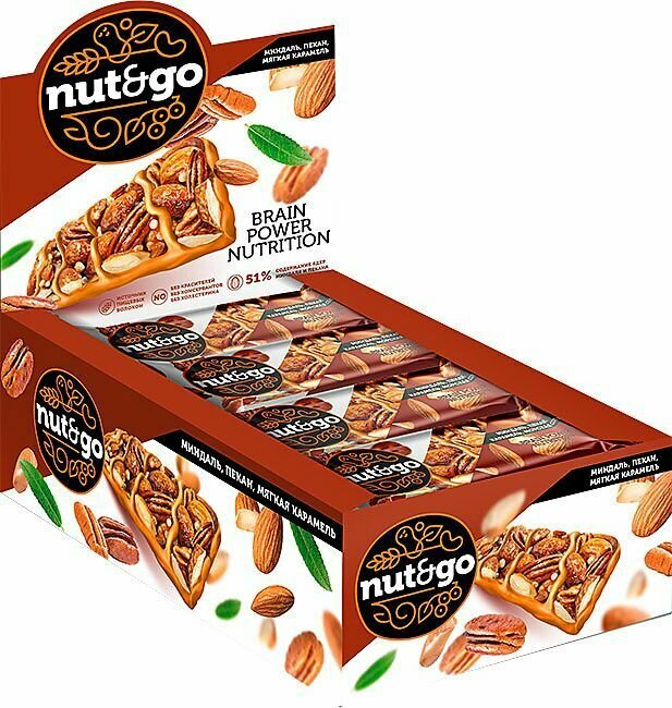 Батончик "Nut&Go" с миндалём, пеканом, карамелью, морской солью, 36 г (упаковка 18 шт.)