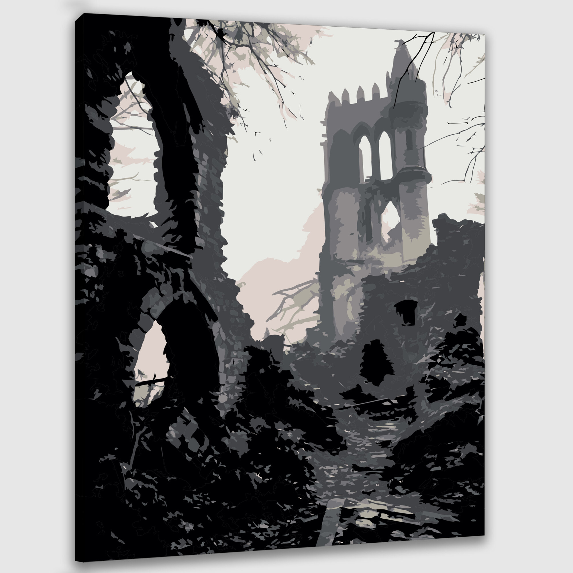 Картина по номерам 40x50 см, заброшенный замок, черно-белая фотография, туман, разросшаяся растительност, руины