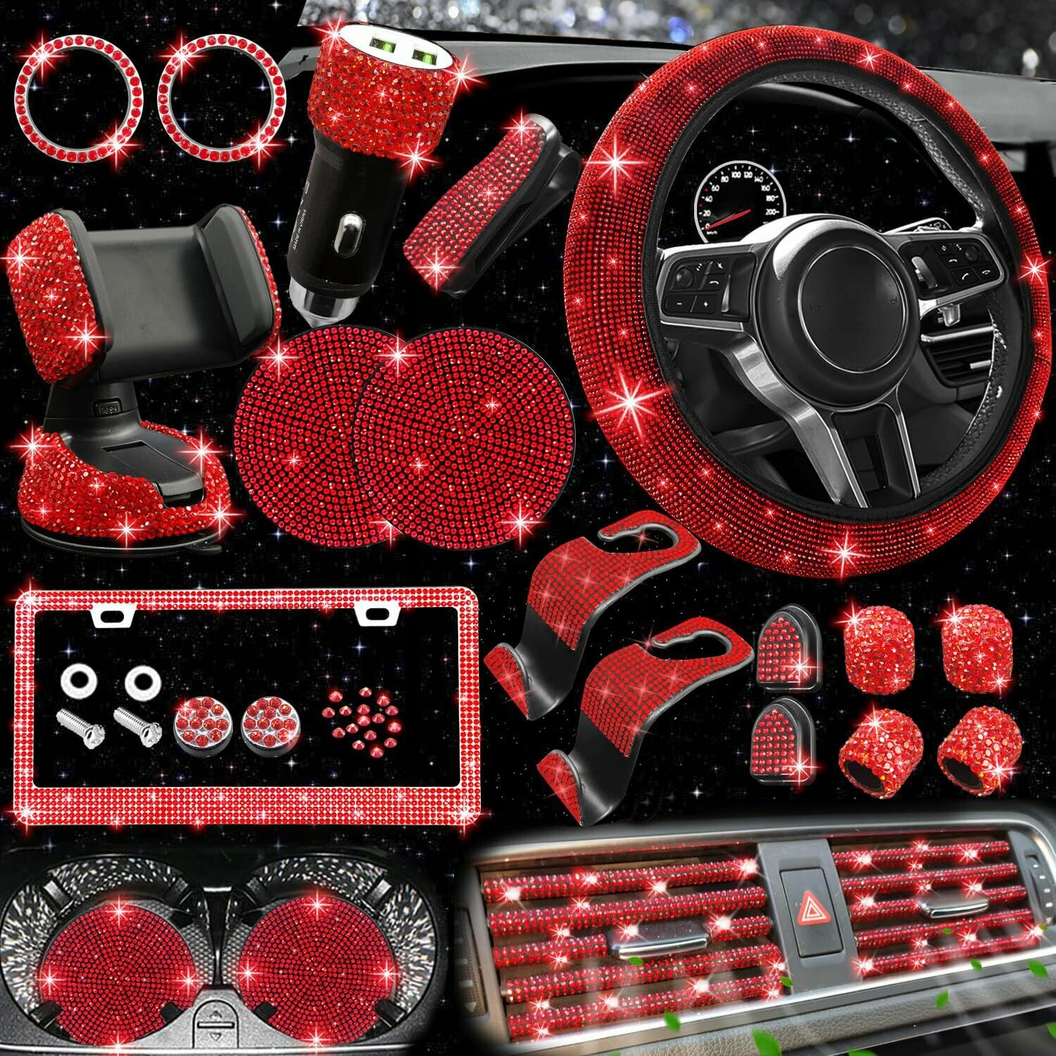 Оплетка на руль 38 см, чехол на руль автомобиля, Универсальный автомобильный набор со стразами,27 шт.