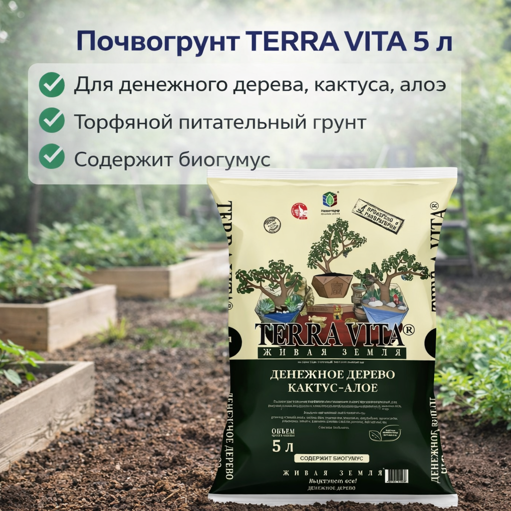 Почвогрунт TERRA VITA для денежного дерева, кактуса, алоэ, 5 л