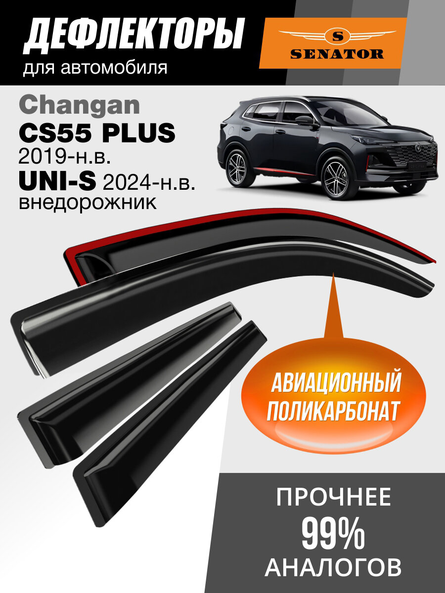 Дефлекторы окон Senator для Changan cs55 Plus, Changan Uni-S, ветровики Чанган 55 Плюс, Чанган Юни S 2019-н. в, накладные, 4 шт.
