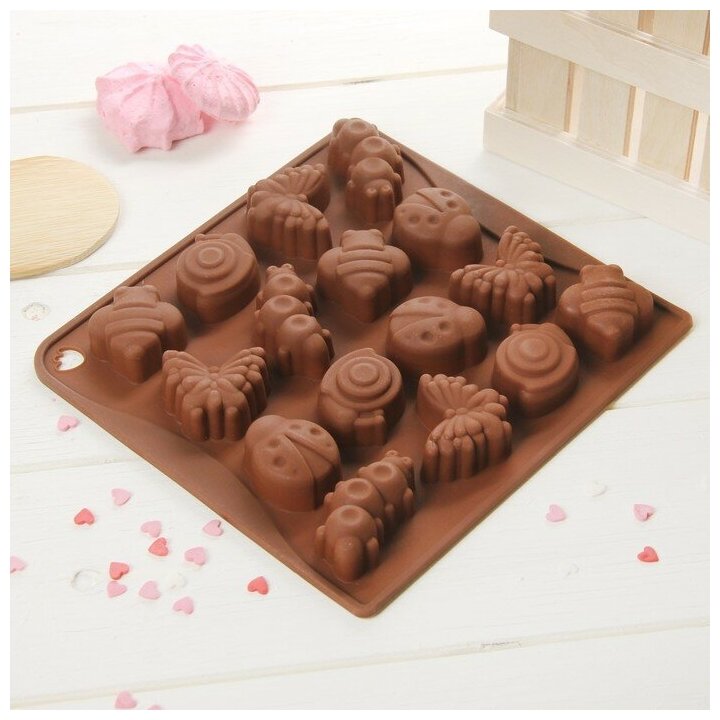 Форма силиконовая для льда и кондитерских украшений Доляна «Насекомые», 18×17 см, 16 ячеек, цвет шоколадный