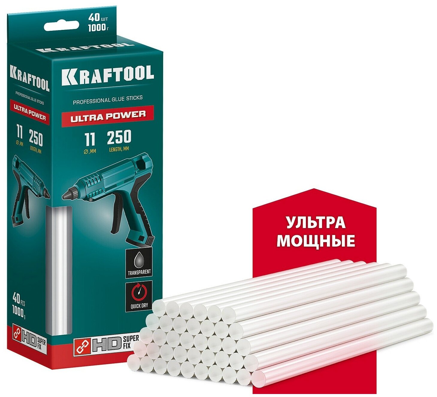 KRAFTOOL 40 шт, 1 кг, 11 x 250 мм (11-12 мм), прозрачные, ультрамощные клеевые стержни 06848-40