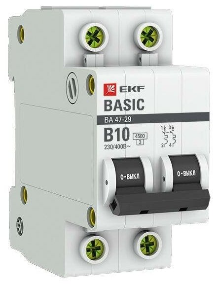 Выключатель автоматический модульный 2п B 10А 4.5кА ВА 47-29 Basic EKF mcb4729-2-10-B