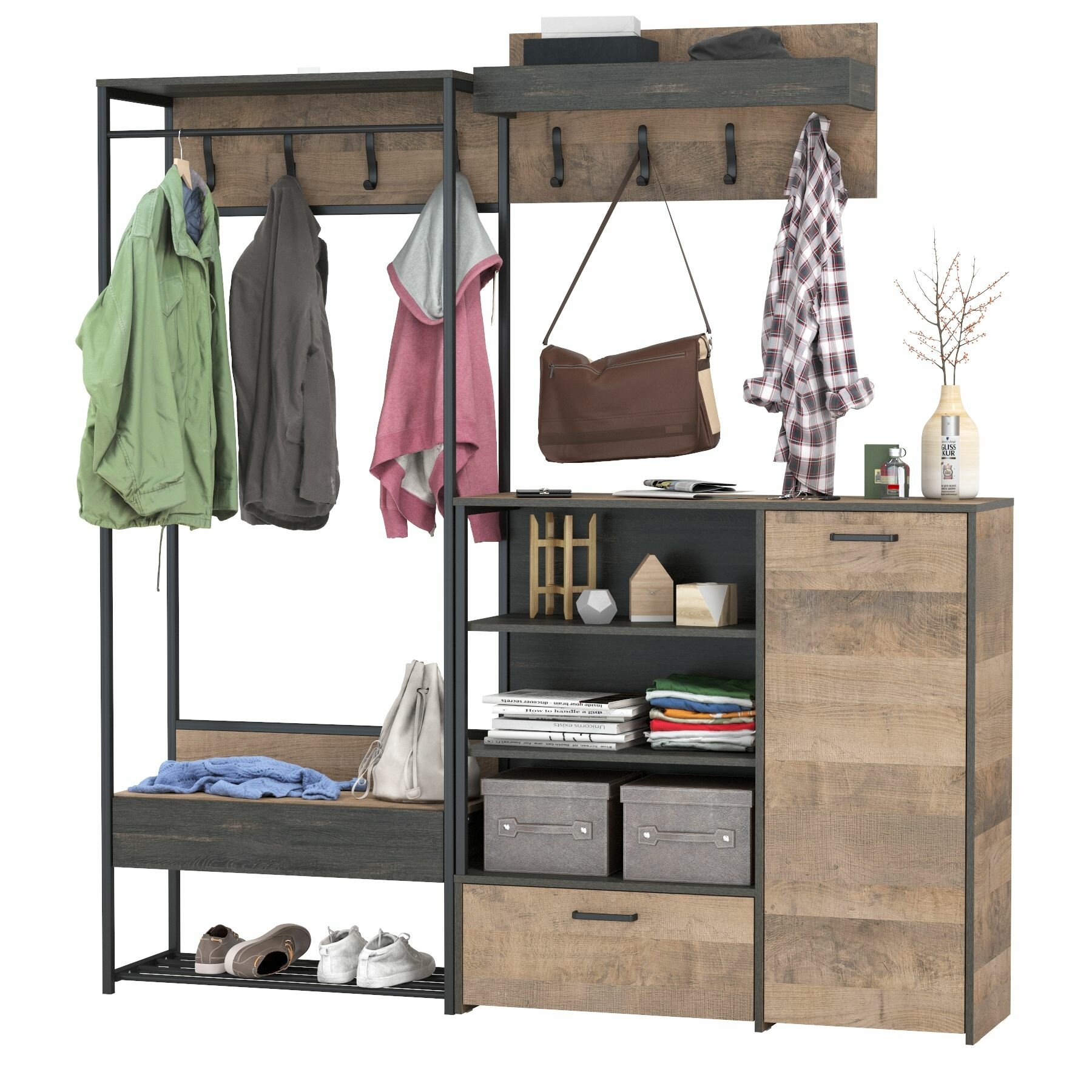 Прихожая с вешалкой для одежды и тумбой-комодом Трувор, цвет дуб гранж песочный/интра, ШхГхВ 189х36,9х194,2 см.