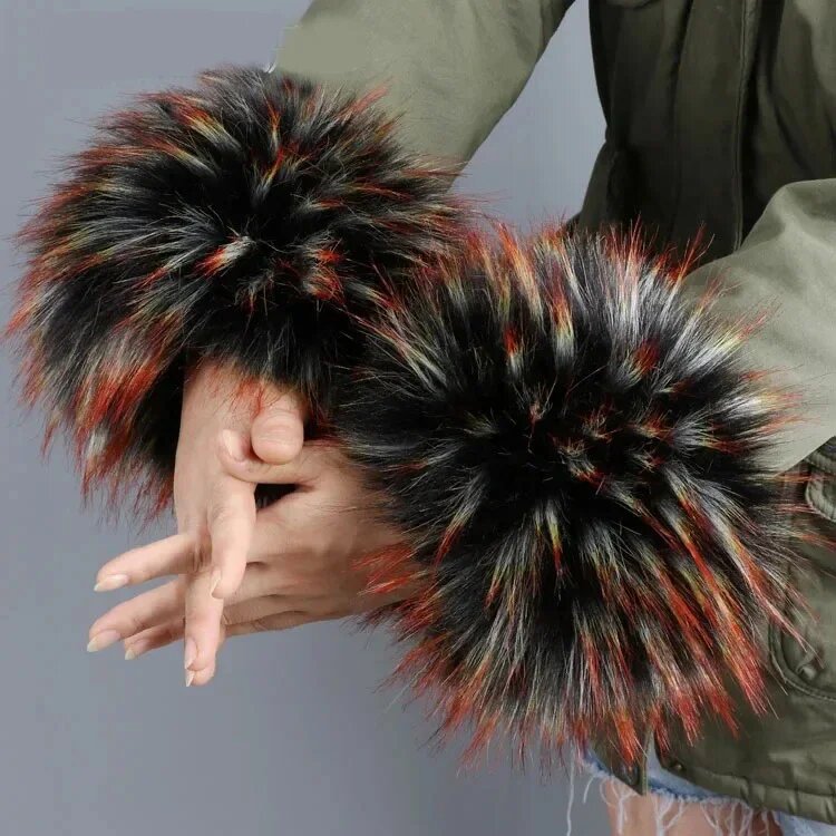 2 шт Женские фальшивые меховые манжеты эластичная меховая рука теплее зимняя пушистый плюшевый ветропроницаемый браслет рукав куртки аксессуары,33,15, искусственный мех,35, черный/оранжевый