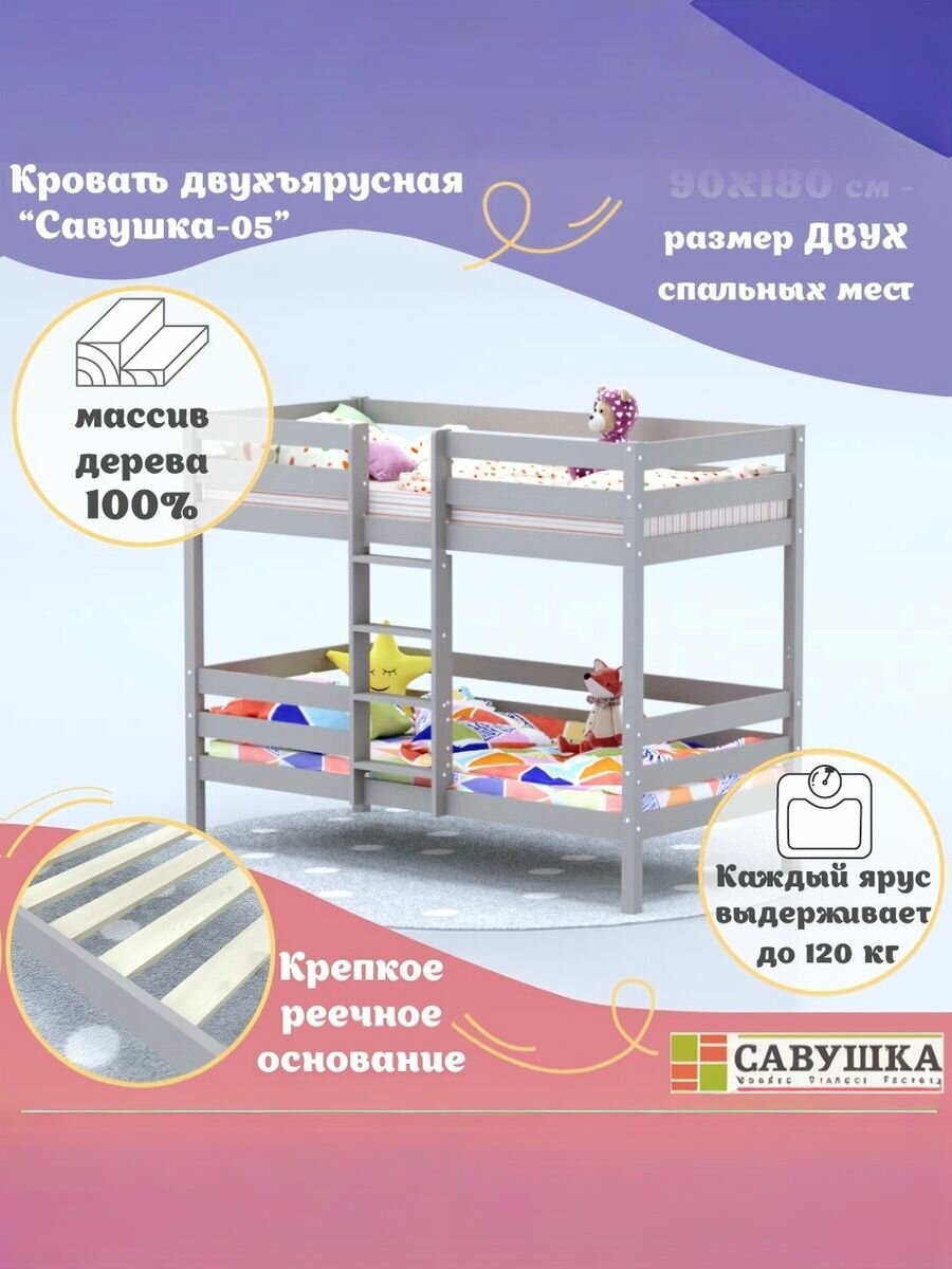 Двухъярусная кровать детская 90х180 Савушка-05 Капучино основание в комплекте