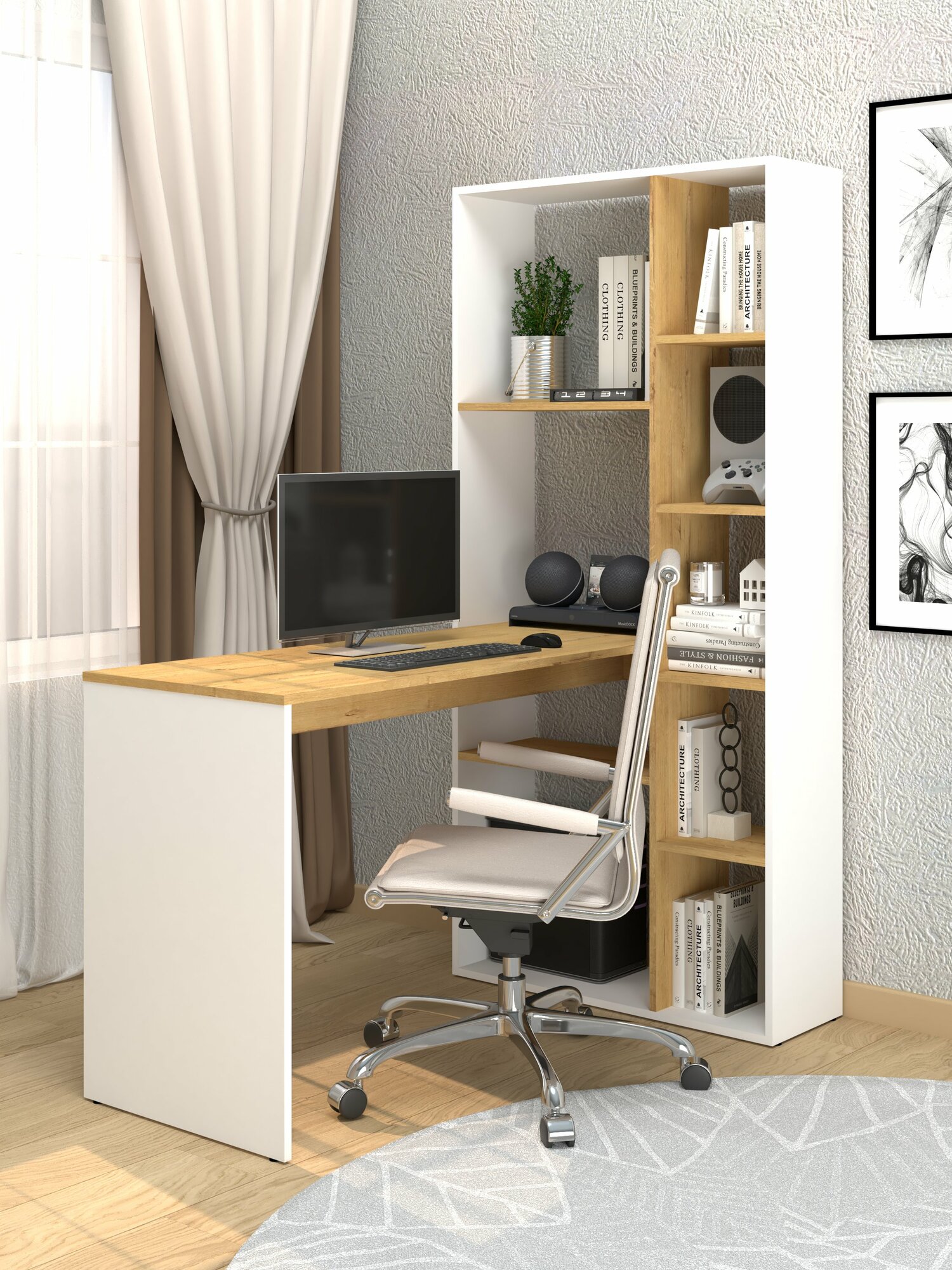 Есэндвич Лаворо 13 Компьютерный стол со стеллажом 130х170х80 см (Дуб бунратти/Белый)