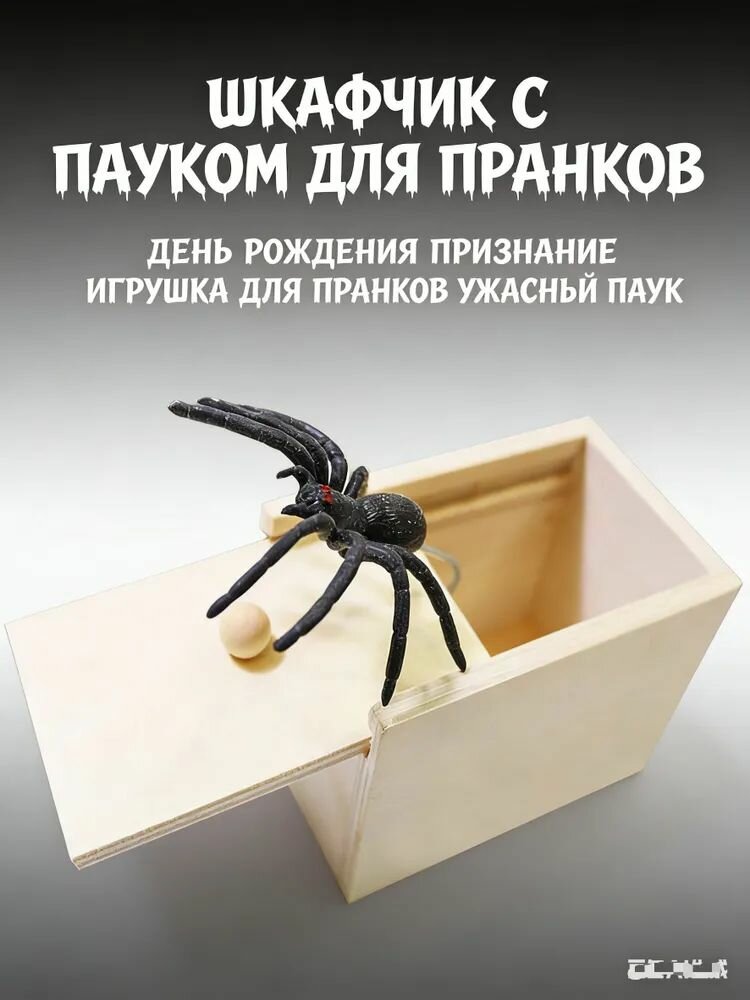 Паук в деревянной коробке. Сюрприз, игрушка Антистресс. Прикол, розыгрыш