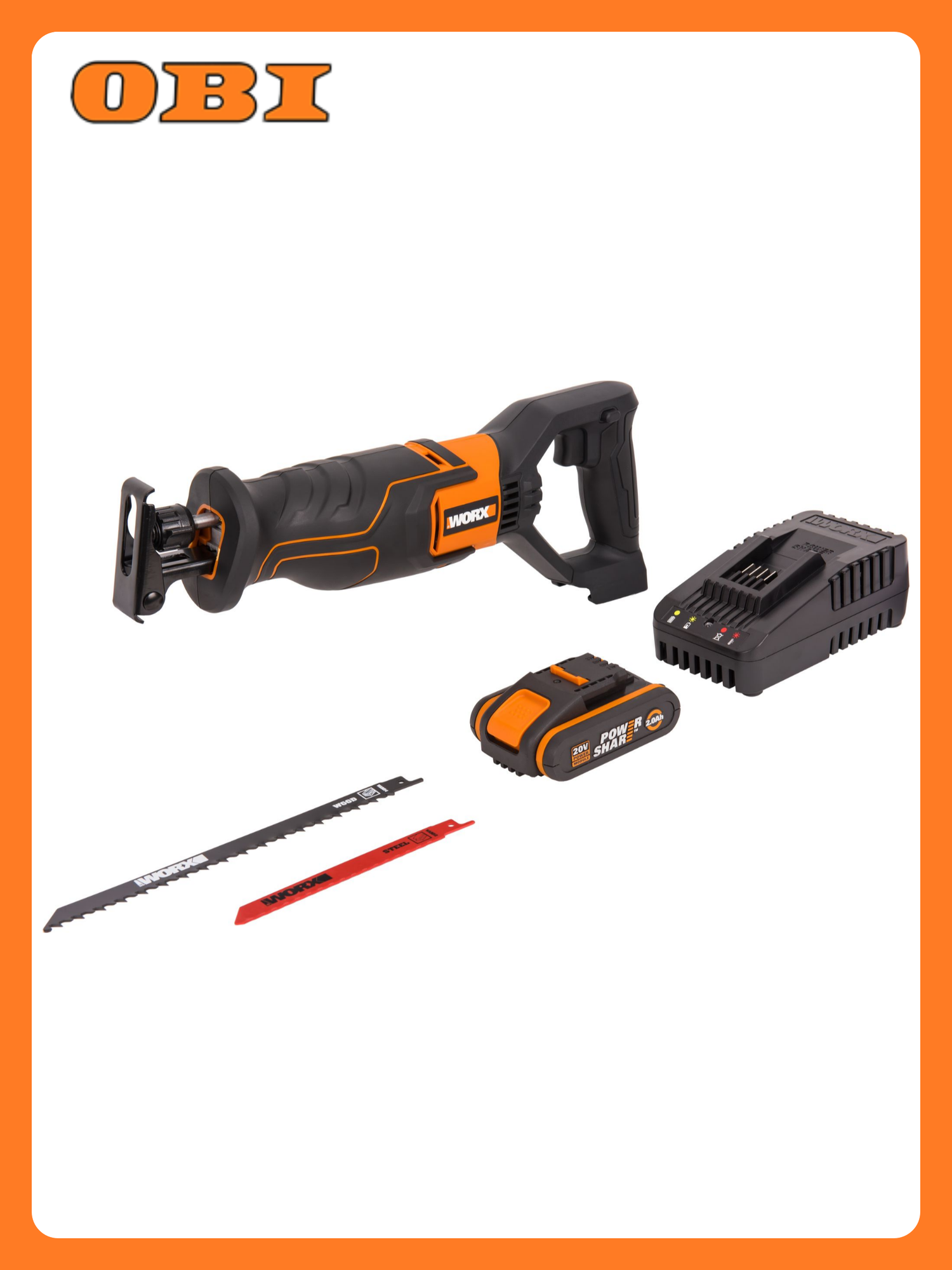 Сабельная пила Worx WX500, 20В, бесключевая смена оснастки, 3000 ходов/мин