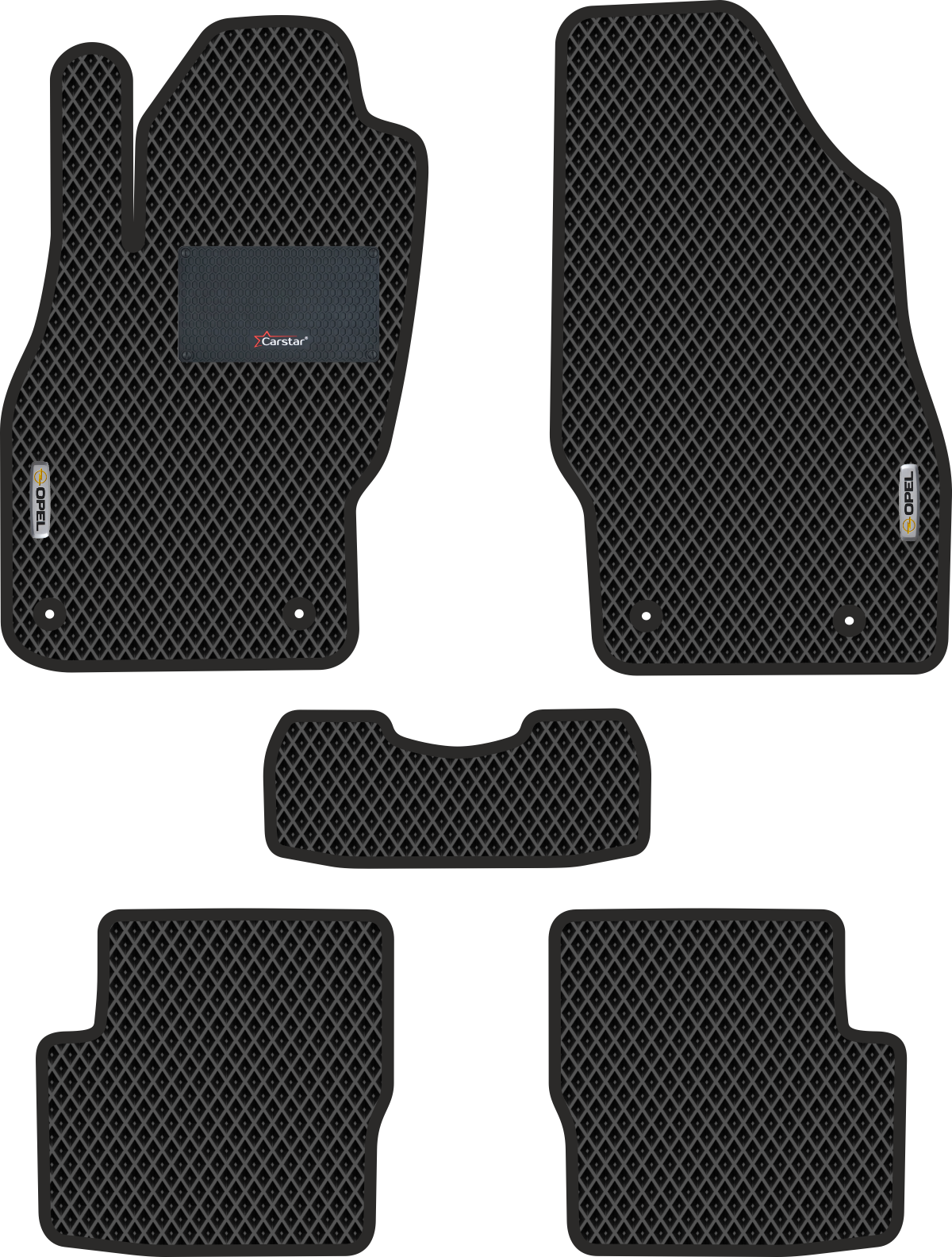 Автомобильные коврики EVA для Opel Corsa D (2006-2014), с каучуковым подпятником и 2 эмблемами Opel, чёрные с чёрным кантом, ячейка - ромб