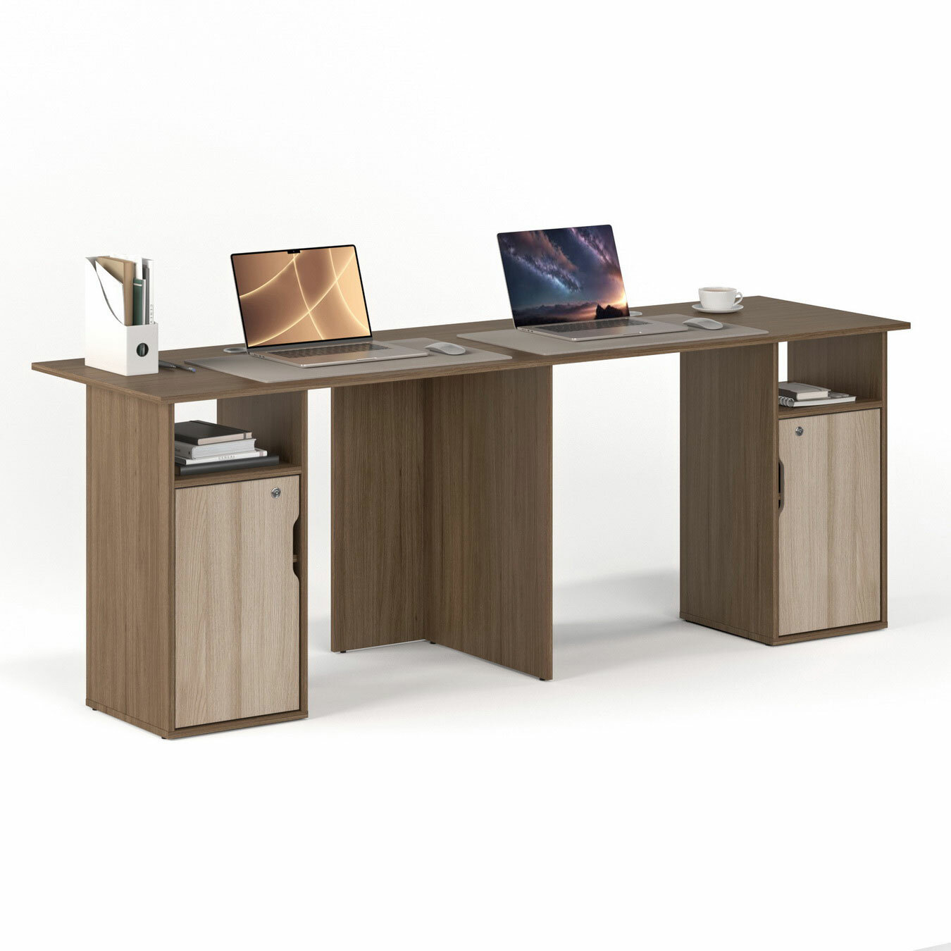 Письменный стол для двоих 208х60 МагМебель №81 ясень тёмный + ясень светлый