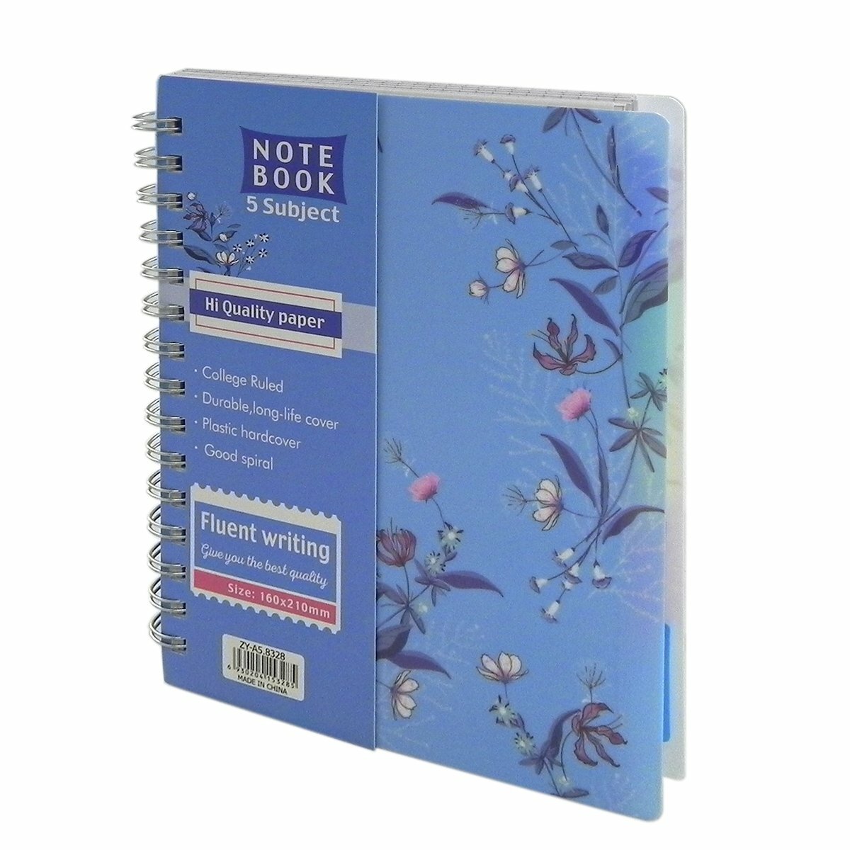 Тетрадь 120л, А5, клетка, Alingar "Flowers", гребень, пластиковая обложка, цв. пластиковые разделители, голубая,1шт.