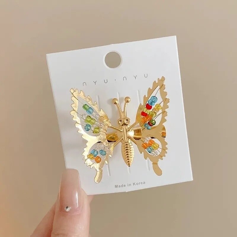 Заколка для волос "Бабочка", сплав, золотые инкрустированные бусины