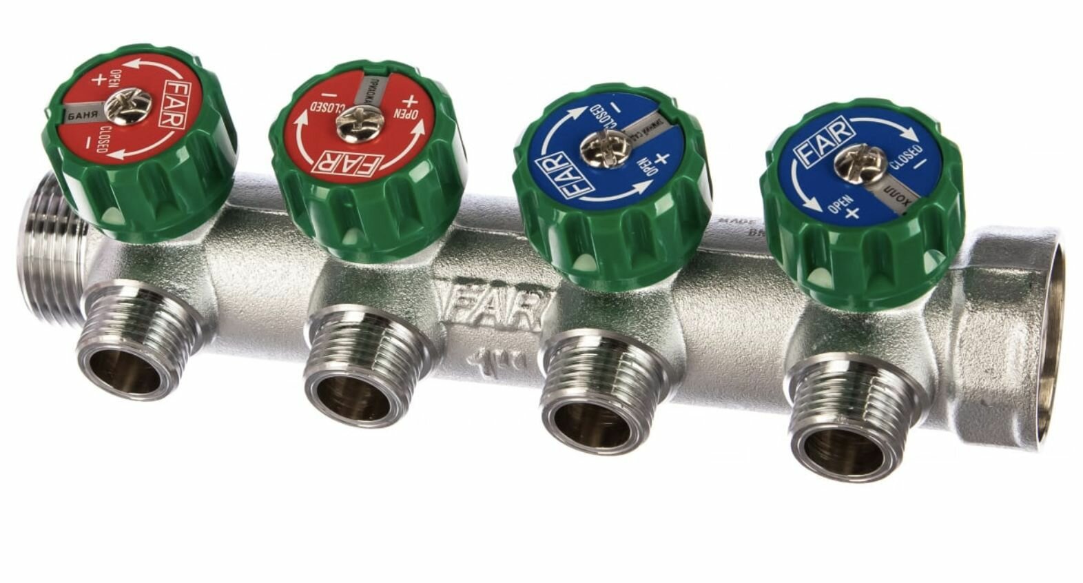 FAR Коллектор регулирующий 1", ВР-НР, 4 отвода 1/2", НР, межосевое 45 мм, плоское уплотнение FK 3824 112TP