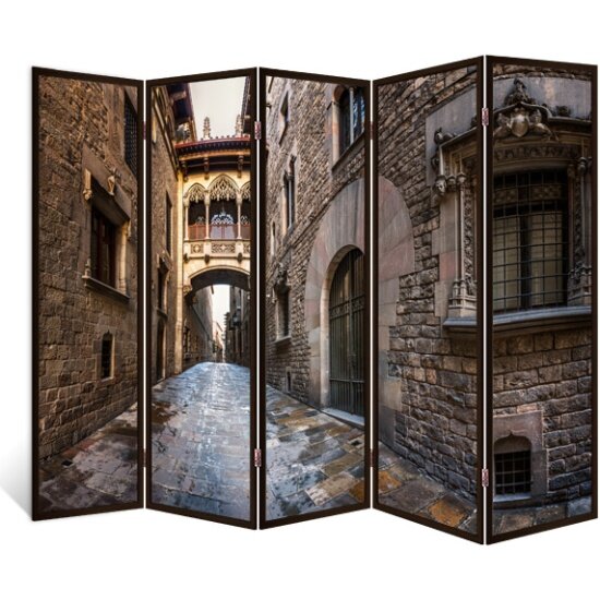 Ширма перегородка Декор Депо для комнаты деревянная "Побег" двухсторонняя с картинкой (города) 5 створок венге 176х230 см 18 кг