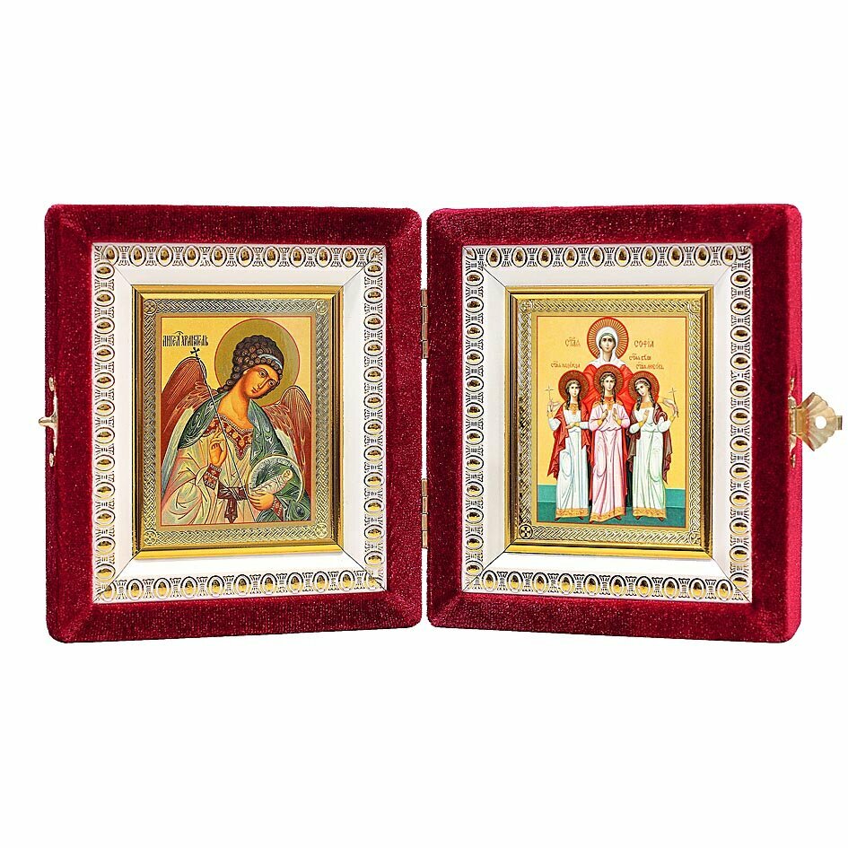 Складень именной "Мученицы Вера, Надежда, Любовь и мать их София (лик № 026) - Ангел Хранитель (лик № 110)", размер ликов 6*7,5 см