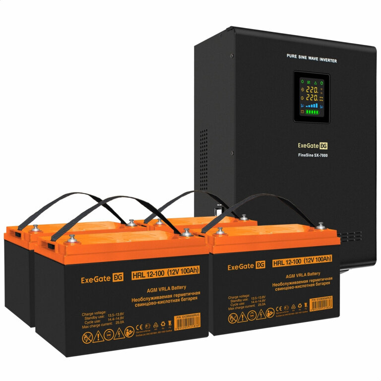 Комплект ИБП EX296005RUS + батарея 100Aч EX285656RUS 4шт (инвертор, синус, для котла, настенный) ExeGate FineSine SX-7000. LCD. AVR.2SH. T <7000VA/5000W, чистая синусоида, цветной LCD-дисплей, AVR, 2*Schuko+клеммы, линейно-интерактивный, крепление насте