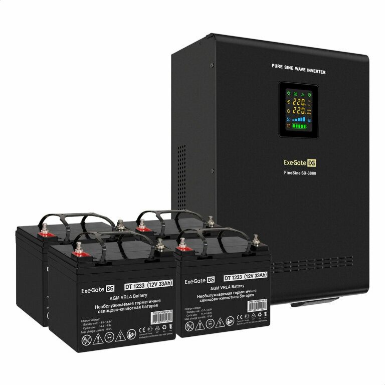 Комплект ИБП EX296003RUS + батарея 33Aч EX282974RUS 4шт (инвертор, синус, для котла, настенный) ExeGate FineSine SX-3000. LCD. AVR.2SH. T <3000VA/2100W, чистая синусоида, цветной LCD-дисплей, AVR, 2*Schuko+клеммы, линейно-интерактивный, крепление настен