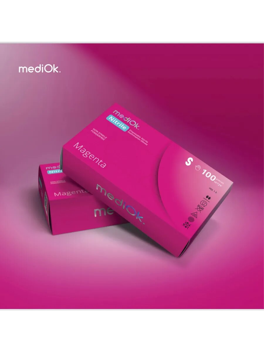 Перчатки нитриловые mediOk, розовый Magenta, размер S, 50 пар