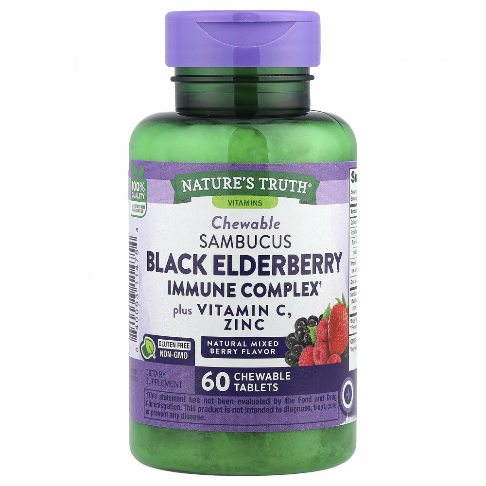 Nature's Truth, Иммунный комплекс Sambucus Black Elderberry, плюс витамин C и цинк, натуральная смесь ягод, 60 жевательных таблеток
