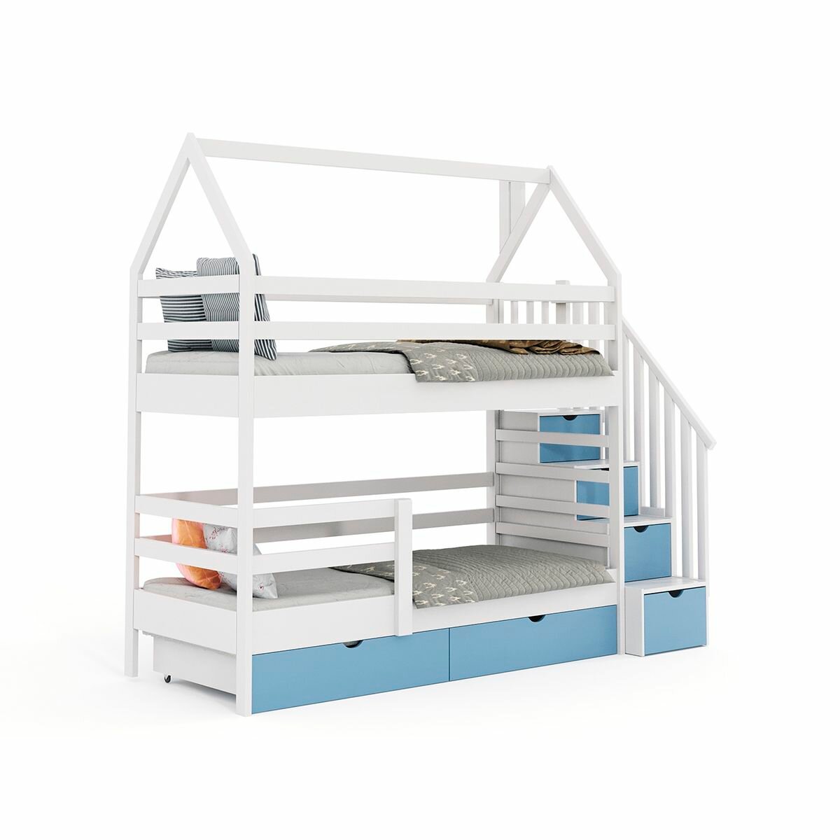 Meblevka Кровать домик для детей Корона 8 / Двухъярусная кровать-домик с ящиками Корона 8, 264х77х245, белый, голубой