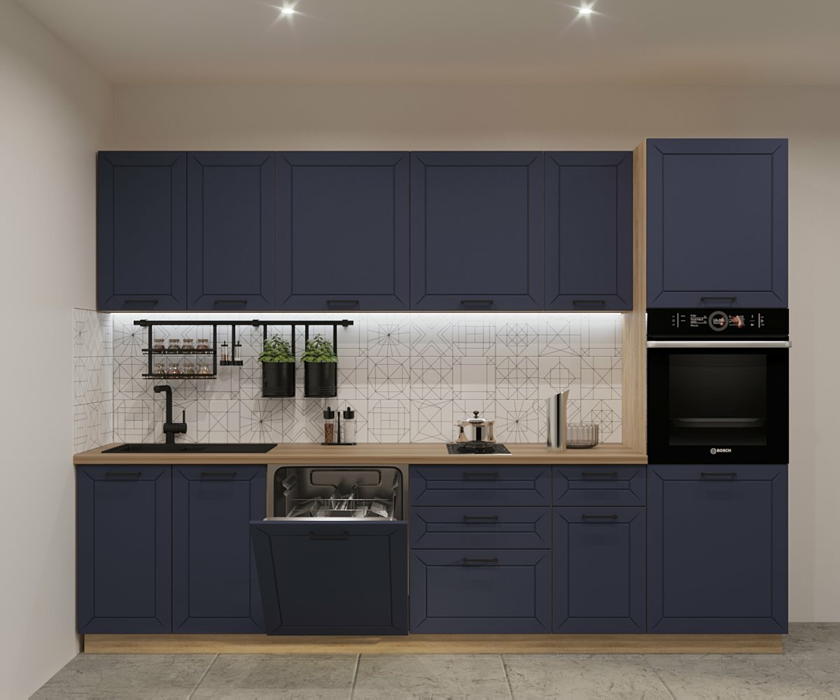 Кухонный гарнитур Океания Кристалл, 3000 мм, с пеналом для бытовой техники