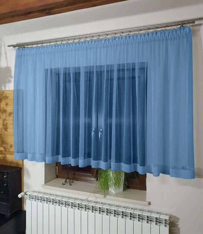 Короткий тюль для кухни одним полотном на ленте под крючки арт. ТК-774 высота 160 см цвет синий