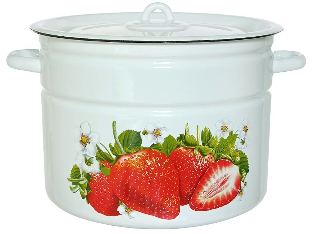Кастрюля эмалированная 12,5л с рисунком клубники, металлическая крышка, удобная