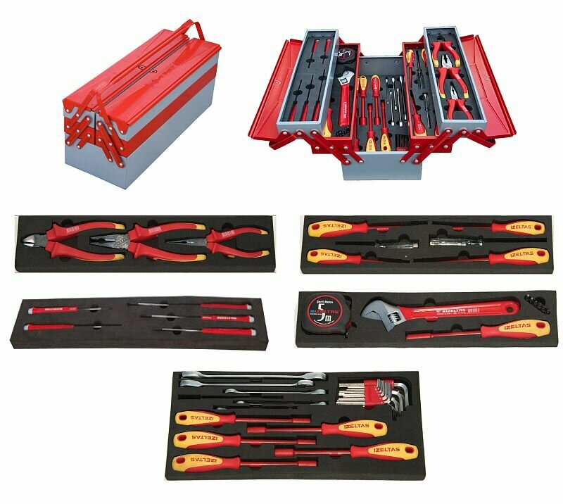 Ящик раскладной с инструментами (набор для электриков), металлический, 45 предметов, 190х420х200, 5 секций, IZELTAS, 8420005046, 13000002567