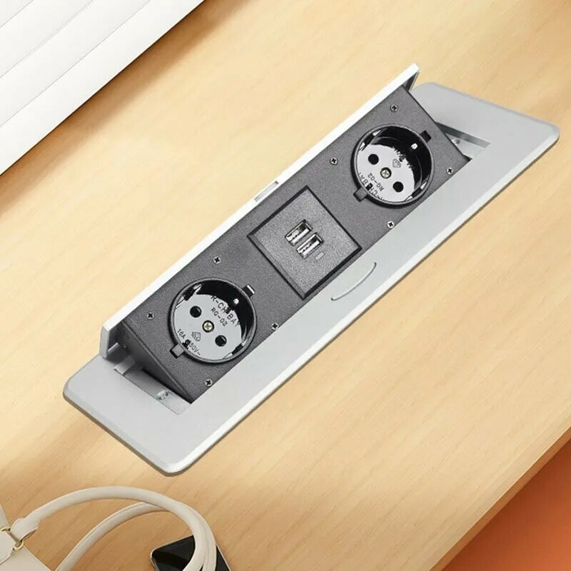 Встраиваемая выдвижная розетка в столешницу, в стол, блок выдвижной горизонтальный, розетка скрытая, на 2 евро 2 USB , для кухни, удлинитель, серебристый