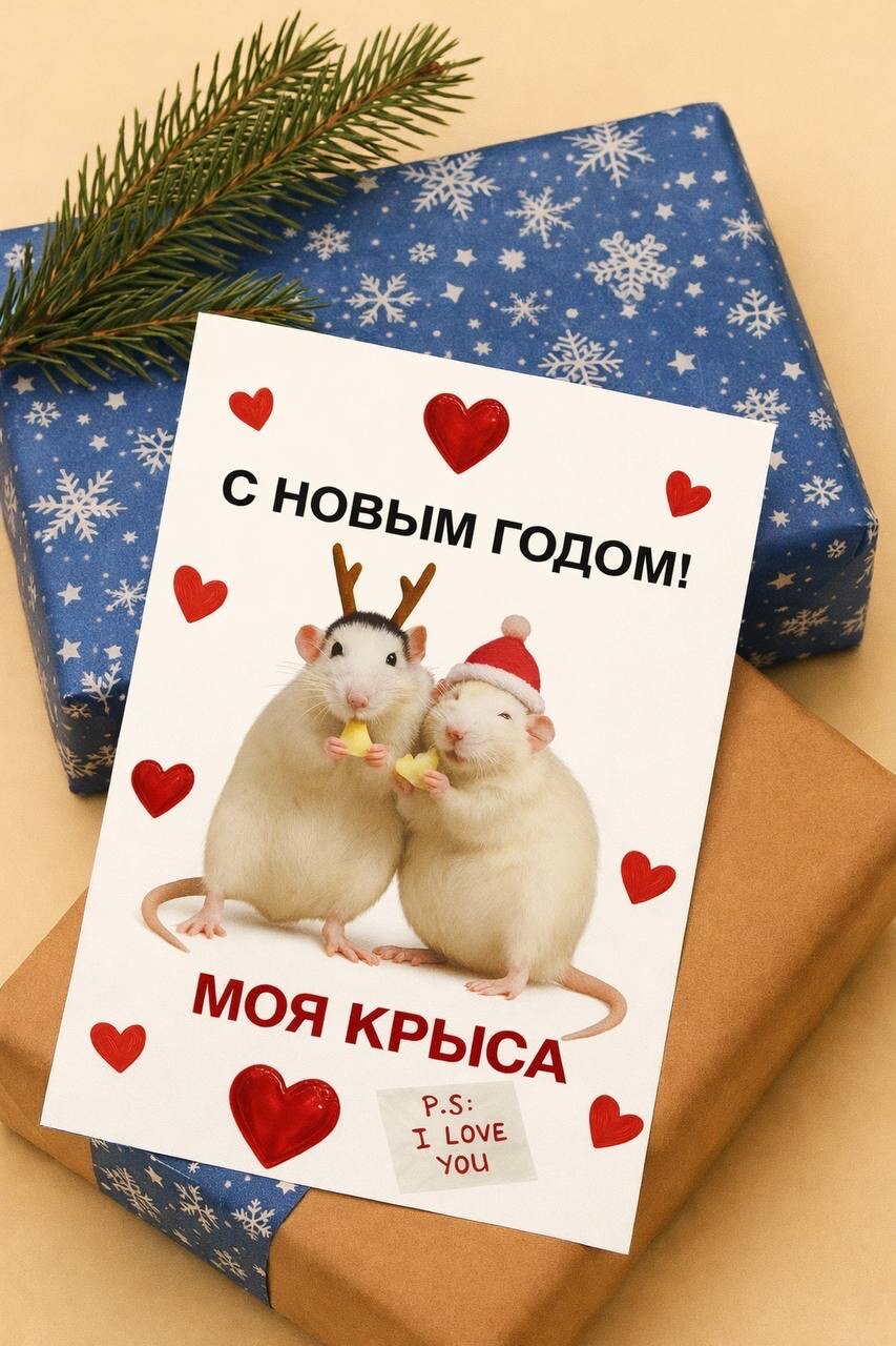 Открытка новогодняя « С Новым годом» с крысками ! Размером 10*15