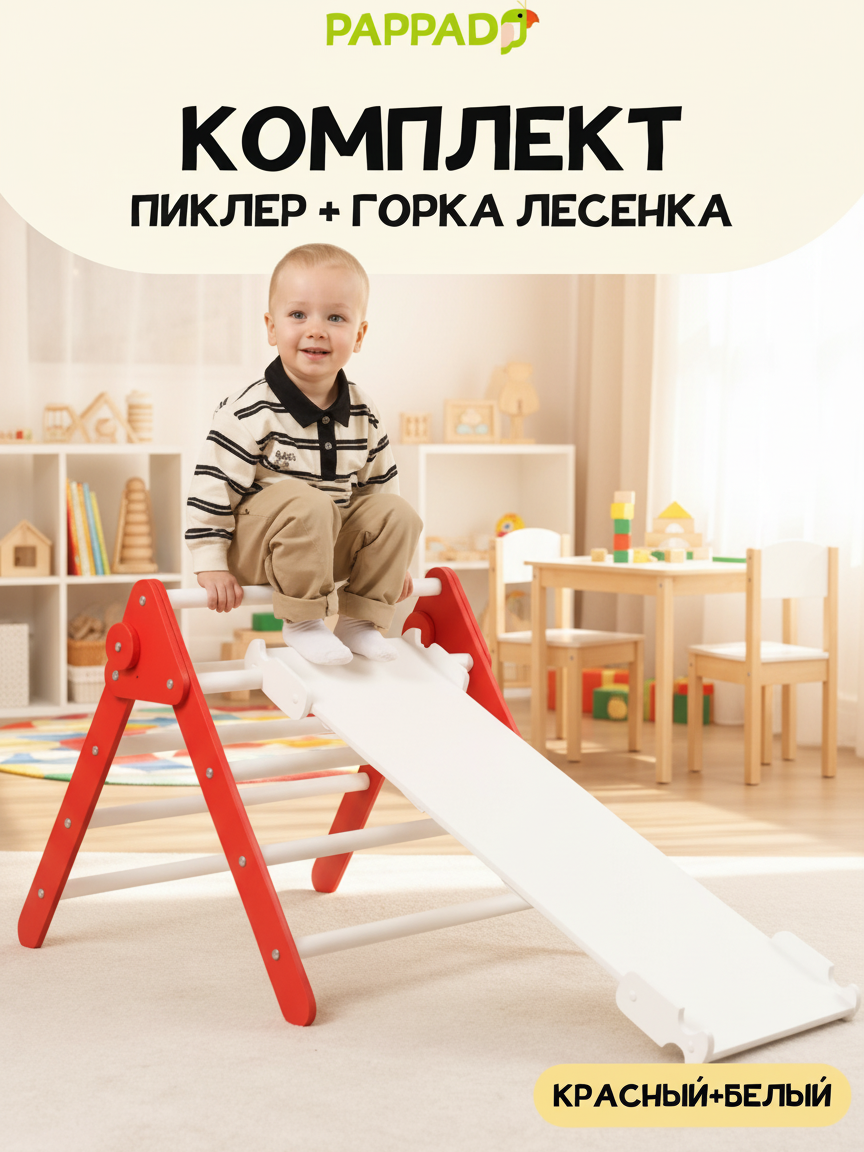 Комплект треугольник Пиклер Мини + горка "лесенка" от "Pappado", красный/белый