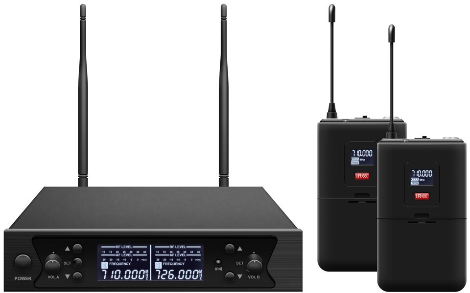 Микрофонная радиосистема [AX-7000L] Axelvox [DWS7000HT (LT Bundle)] UHF 710-726 MHz, 2 x 32 канала, LCD дисплей, 2х ИК порт, 2x поясных передатчика, 2x головной микрофон, 2x петличный микрофон