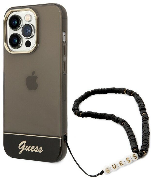 Guess для iPhone 14 Pro Max чехол PC/TPU Translucent Electoplated camera Hard +hand Strap Black