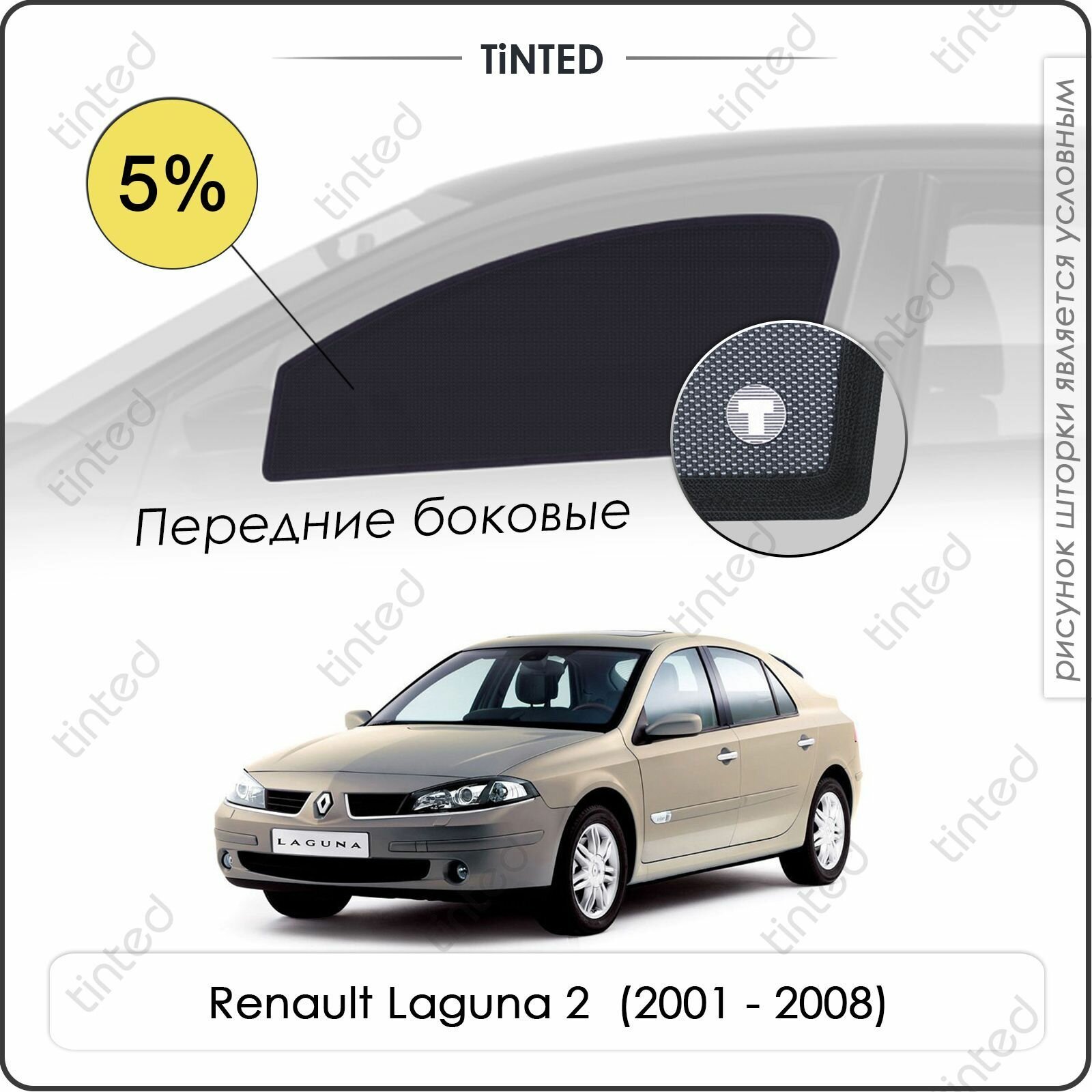 Шторки на автомобиль солнцезащитные Renault Laguna 2 Лифтбэк 5дв. (2001 - 2008) на передние двери 5%, сетки от солнца в машину рено лагуна, Каркасные автошторки Premium